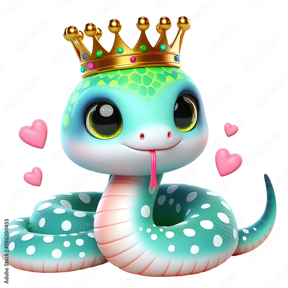 3D cartoon very cute little snake with the crown isolated white ...