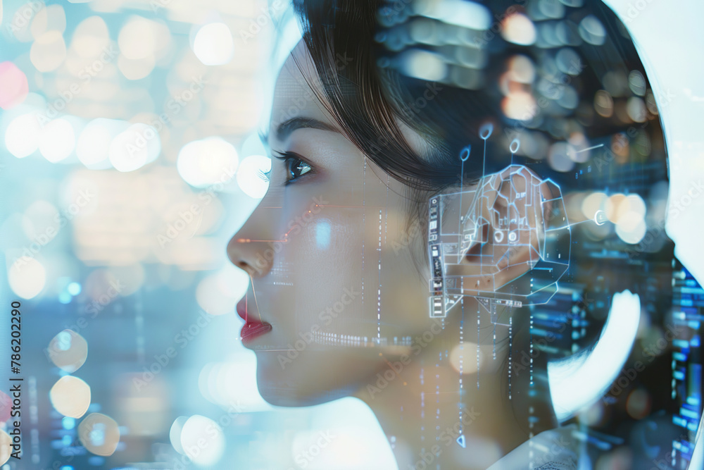 Futuristic portrait of Asian girl with glowing data visualization ...