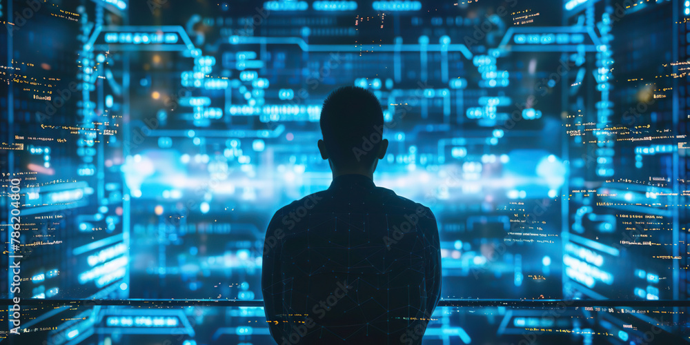 Person silhouette against glowing digital backdrop. Male standing on a flow of data showing ...
