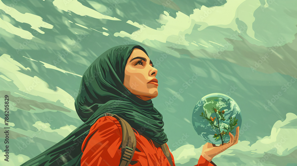 Illustration of a determined Muslim climate change activist, hijab-clad ...