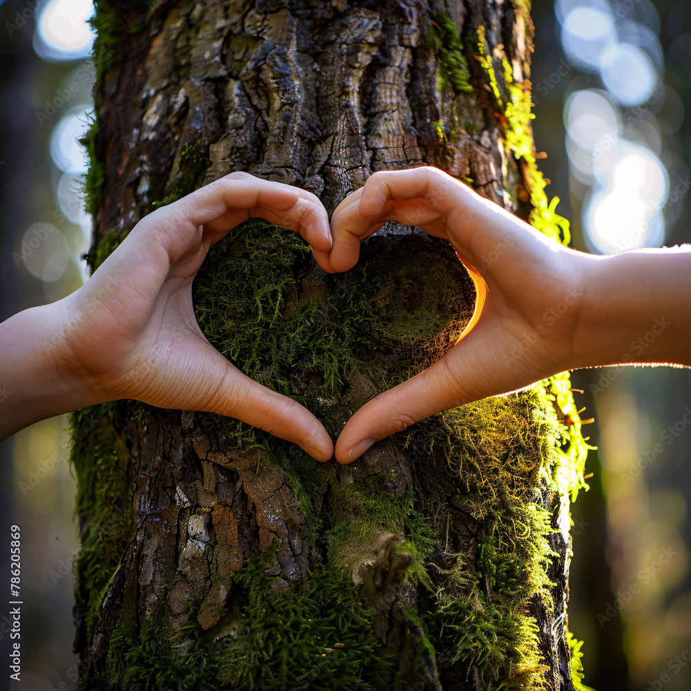 Eco-friendly gesture of a heart-shaped hand on mossy tree bark. Essence ...