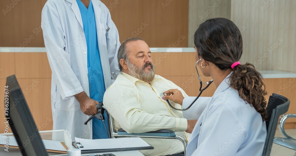 Woman doctors use stethoscope listening pulse examining patient check ...