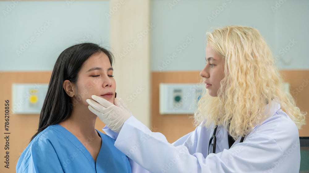 Banner of Woman doctors use ruler measure patient face skin check ...