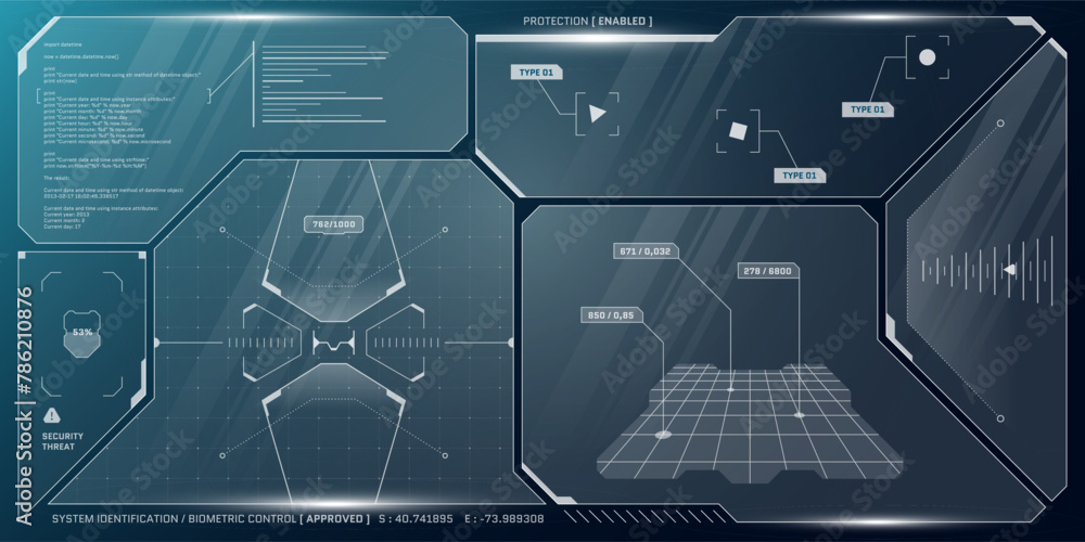 VR HUD futuristic control panel. Technology head up display target and command center UI screen ...