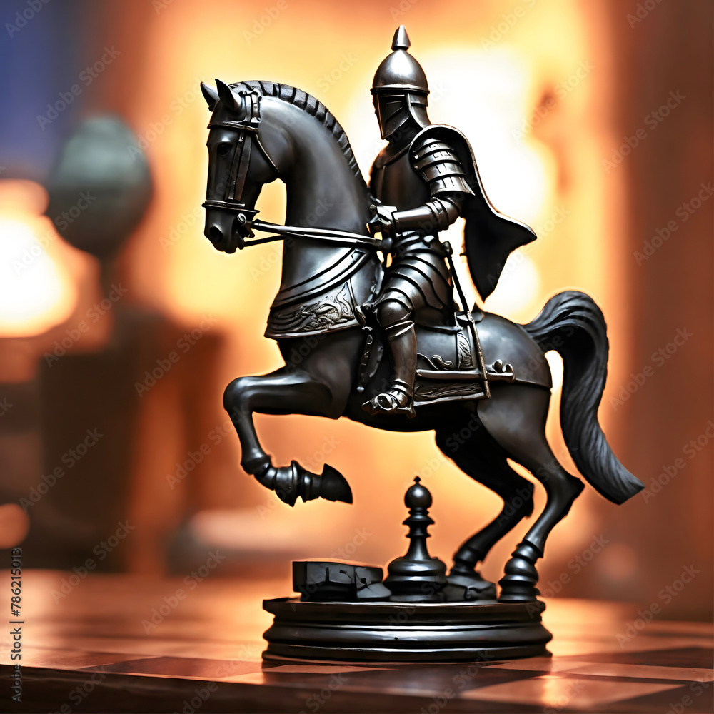 Black Metallic Knight chess piece on chess board, Royal realistic horse ...