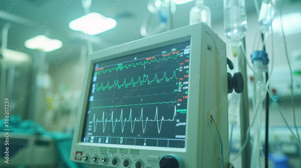 Advanced EKG monitor displaying vital signs in a hospital ICU Stock ...