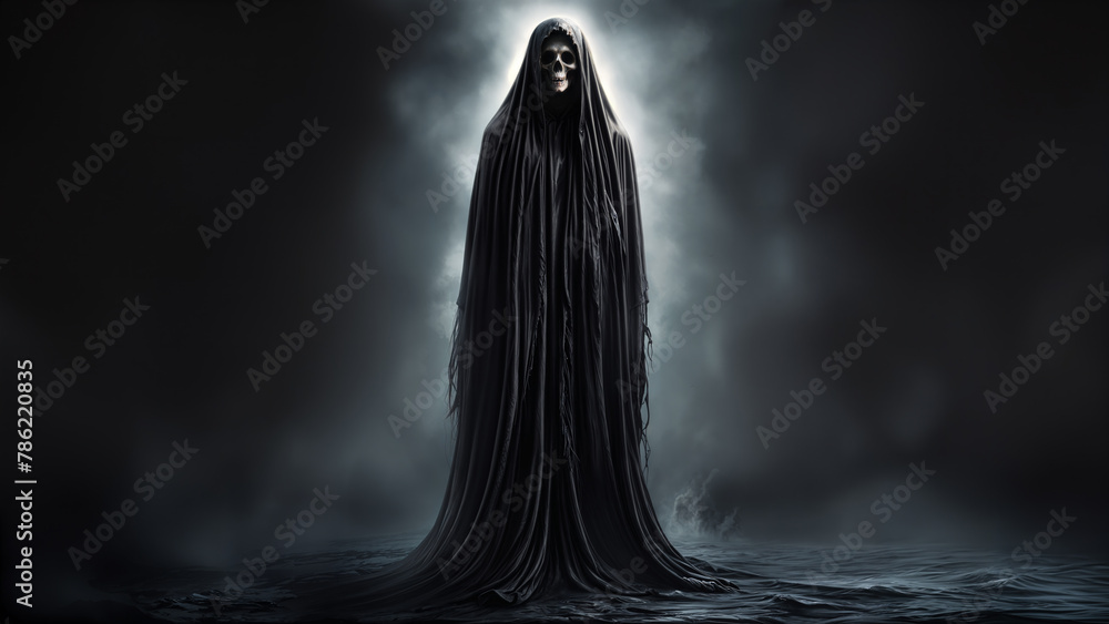 Grim reaper with skull face and tattered black robe standing imposingly ...