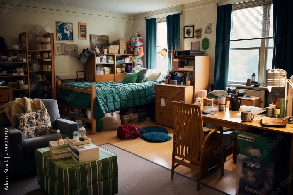 Student dormitory room with study desk, single bed, double bunk bed ...