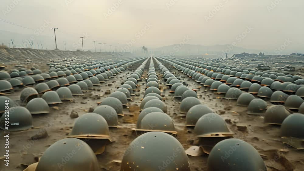 Helmets in a row on battlefield. Military warzone. Army rangers in ...