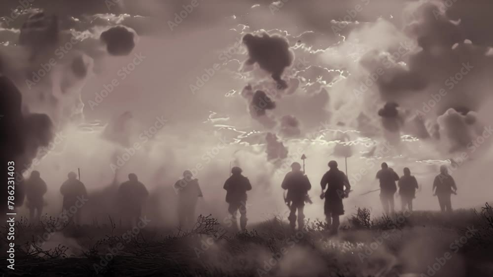 Silhouettes of army soldiers in the fog, marines team in action ...