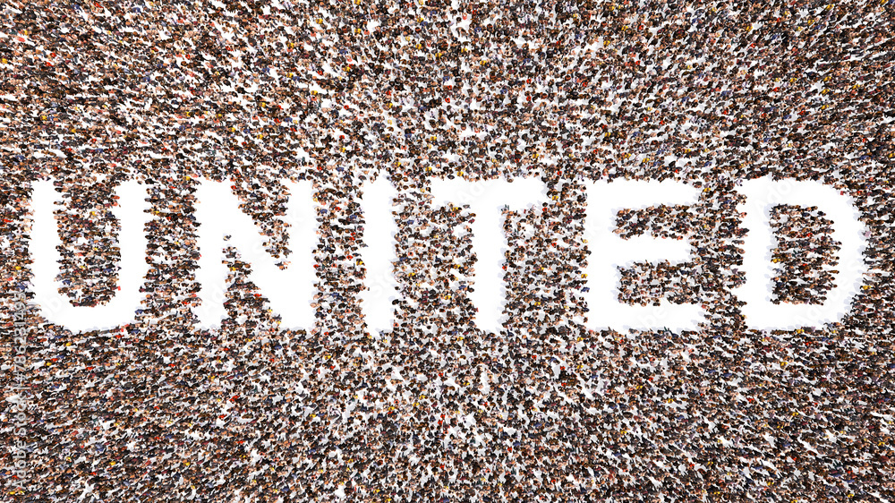 Concept conceptual large community of people forming UNITED word. 3d ...