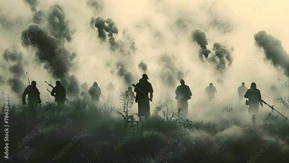 Vidéo Stock Silhouettes of army soldiers in the fog, marines team in ...