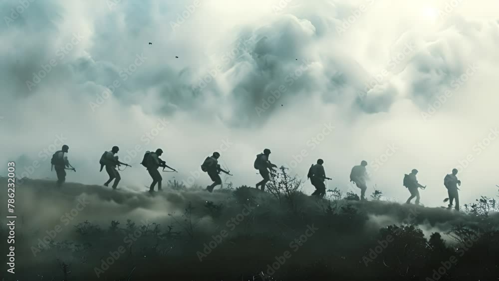 Silhouettes of army soldiers in the fog, marines team in action ...
