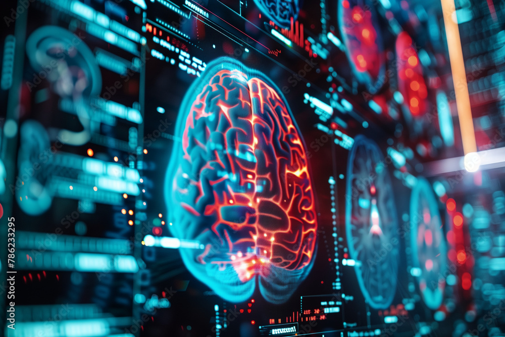 brain scans overlaid with digital data streams, illustrating the ...