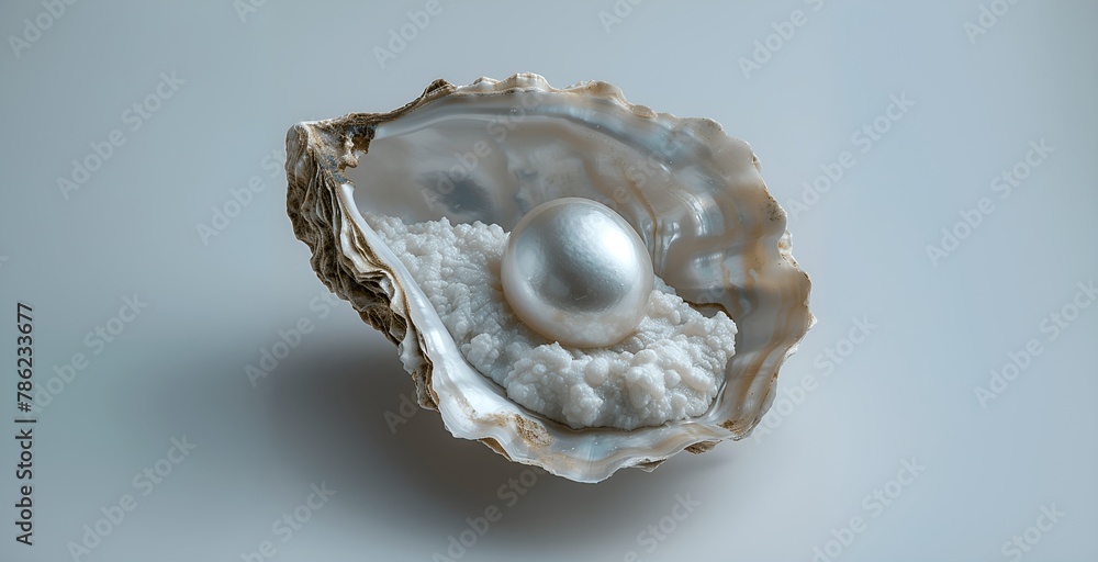 Shiny White Pearl Set in Textured Oyster Shell on Light Gray Background ...