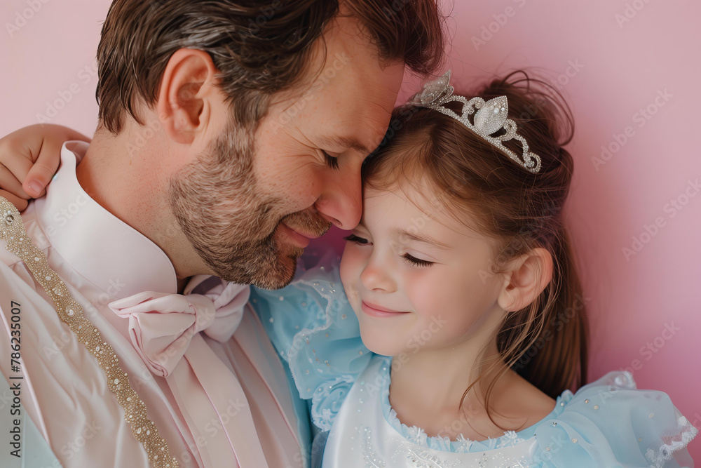 father dressed as a prince and daughter as princess on a pink ...