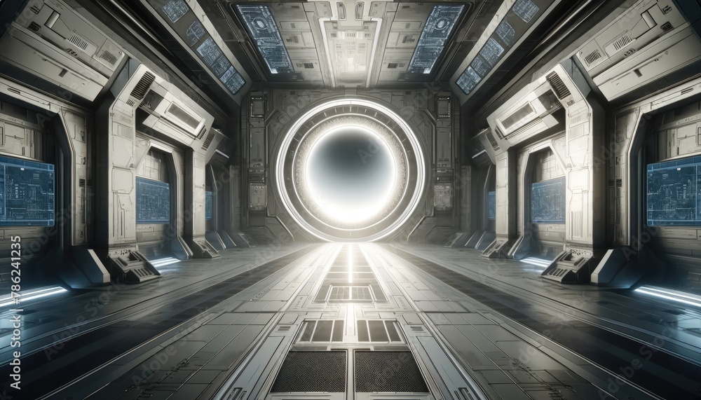 An illuminated portal at the end of a high-tech spaceship corridor ...