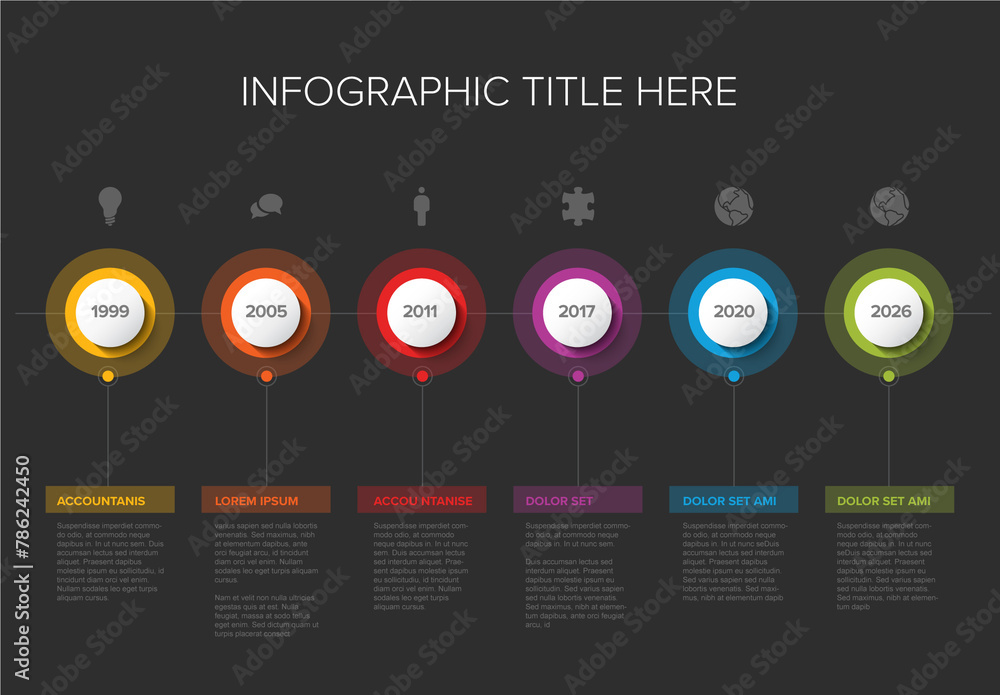 Simple dark minimalistic timeline layout template with six years in the ...