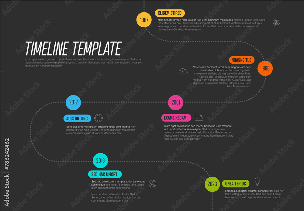 Thin line dark simple curved timeline with six color spots milestone ...