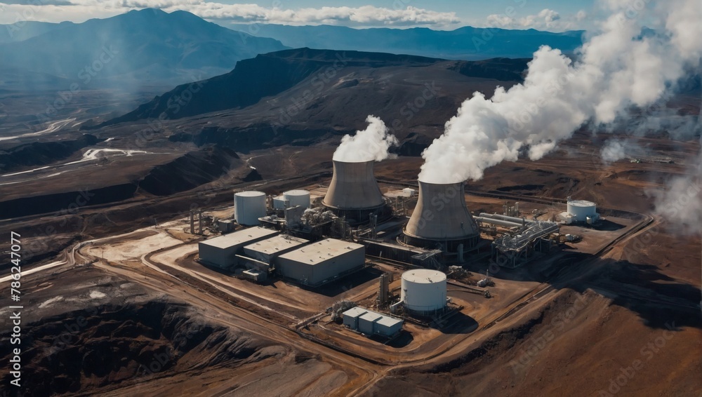 Geothermal power plant in a volcanic landscape, drone aerial view of ...