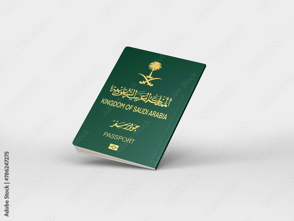 Saudi Arabia passport floats in the air on a wooden table ...