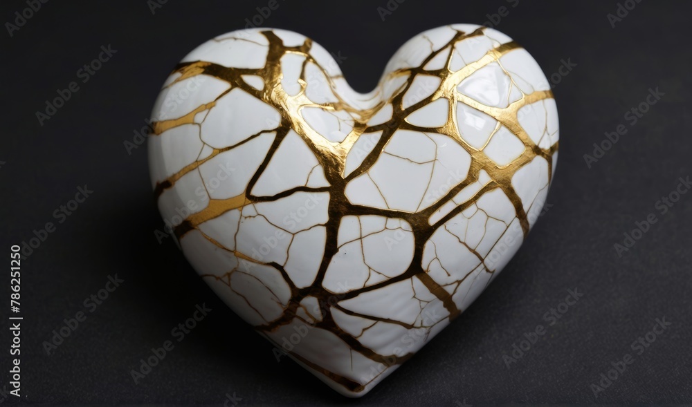 Kintsugi Upcycled white porcelain ceramic heart with golden cracks ...