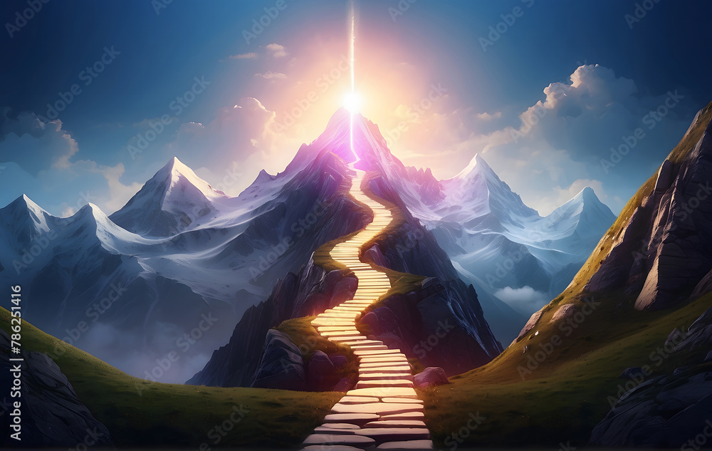 The concept of the path to success, depicted by a glowing light pathway ...