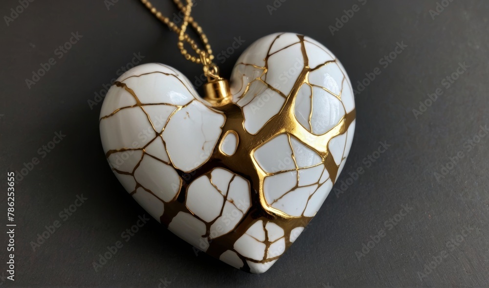 Kintsugi Upcycled white porcelain ceramic heart with golden cracks ...