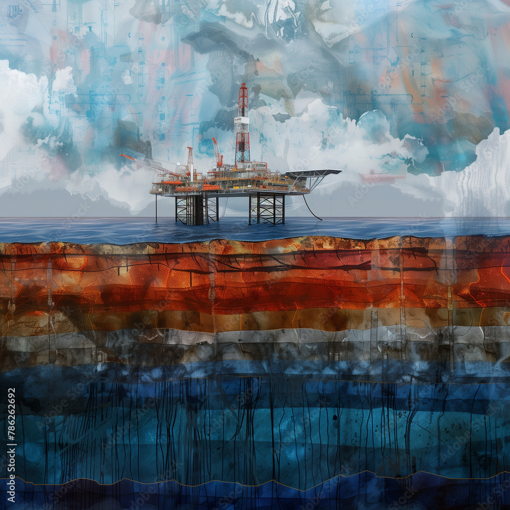 oil platform at sea with a cross section of rock strata layers ...