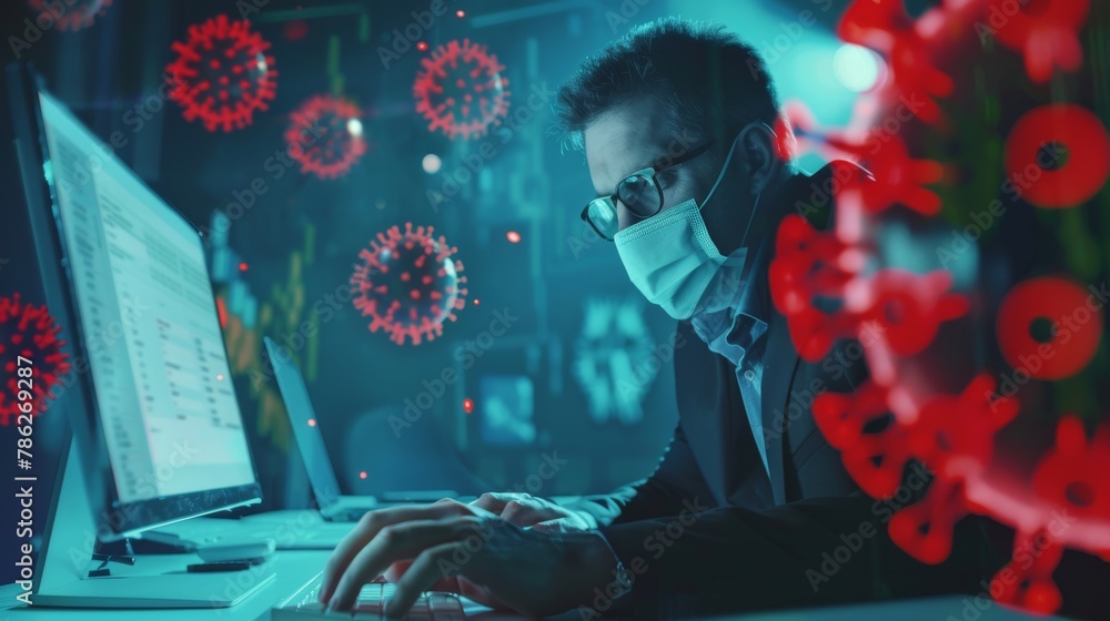 Businessman typing in computer, double exposure bug detection and ...