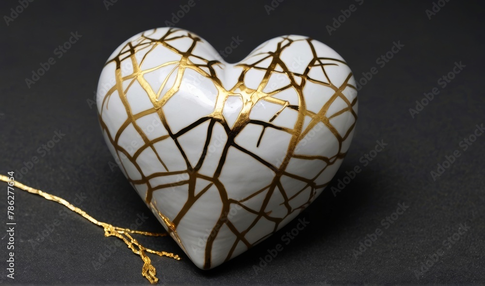 Kintsugi Upcycled white porcelain ceramic heart with golden cracks ...