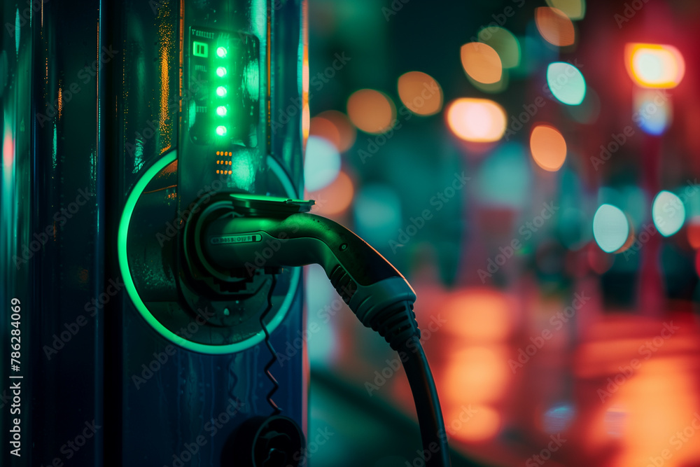 Close-Up Electric Vehicle Charging Station. EV charging station at ...