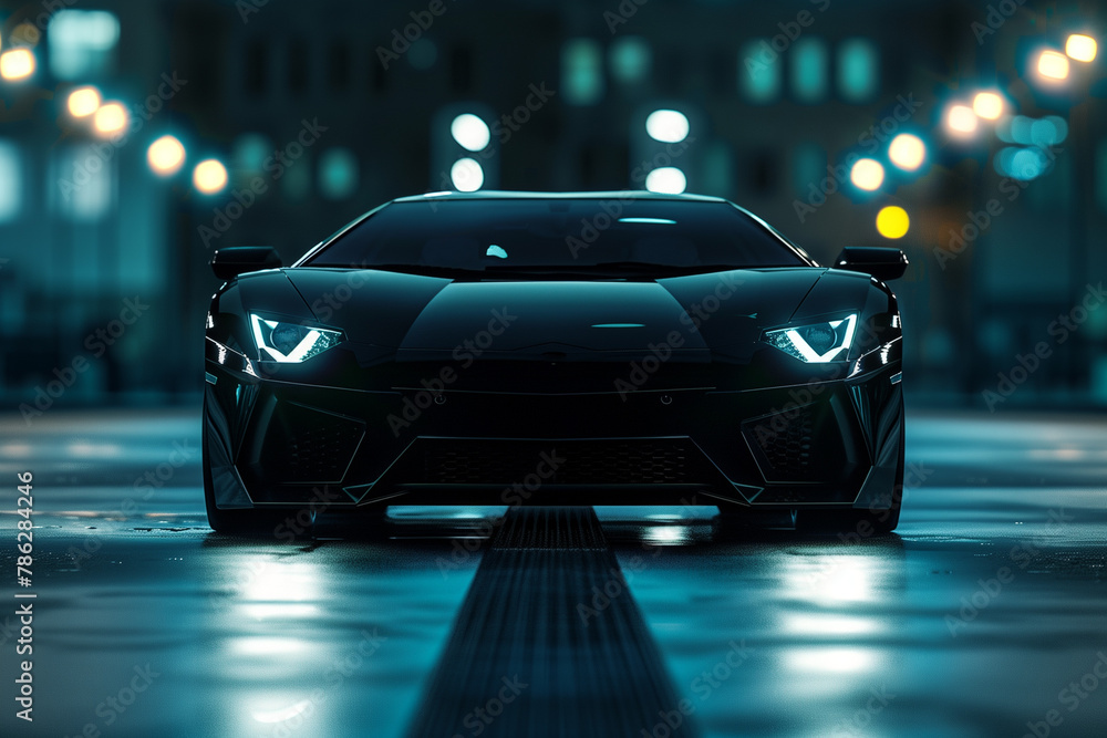 Low-Angle Shot Sleek Black Sports Car Night. Front view of a sleek ...