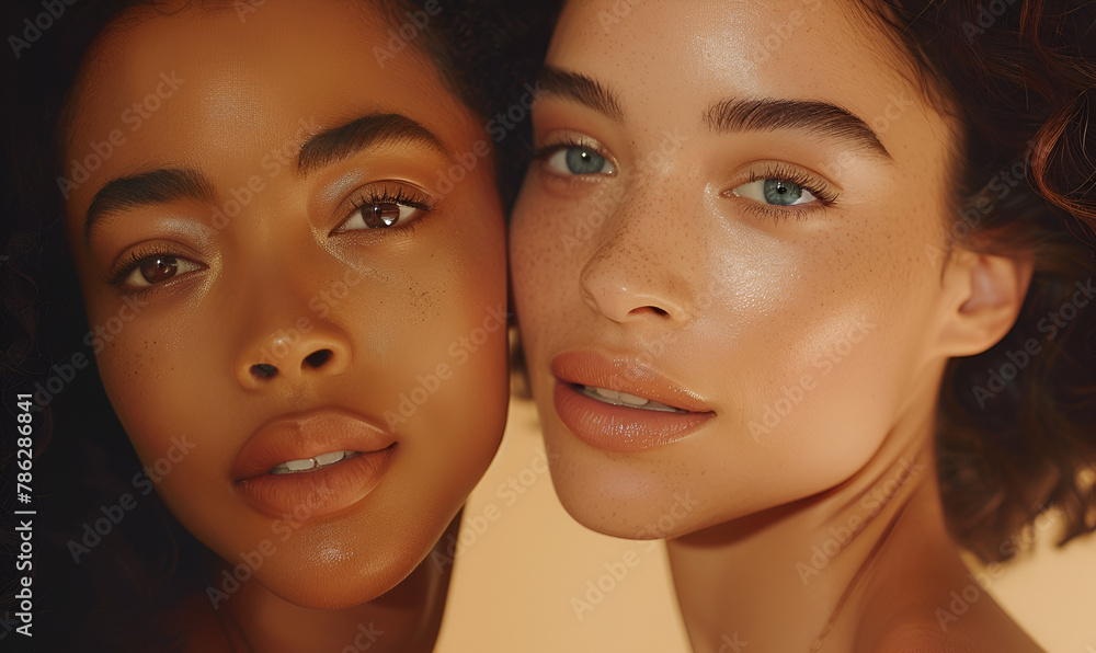 Two beautiful diverse multiethnic women with natural beauty and glowing ...
