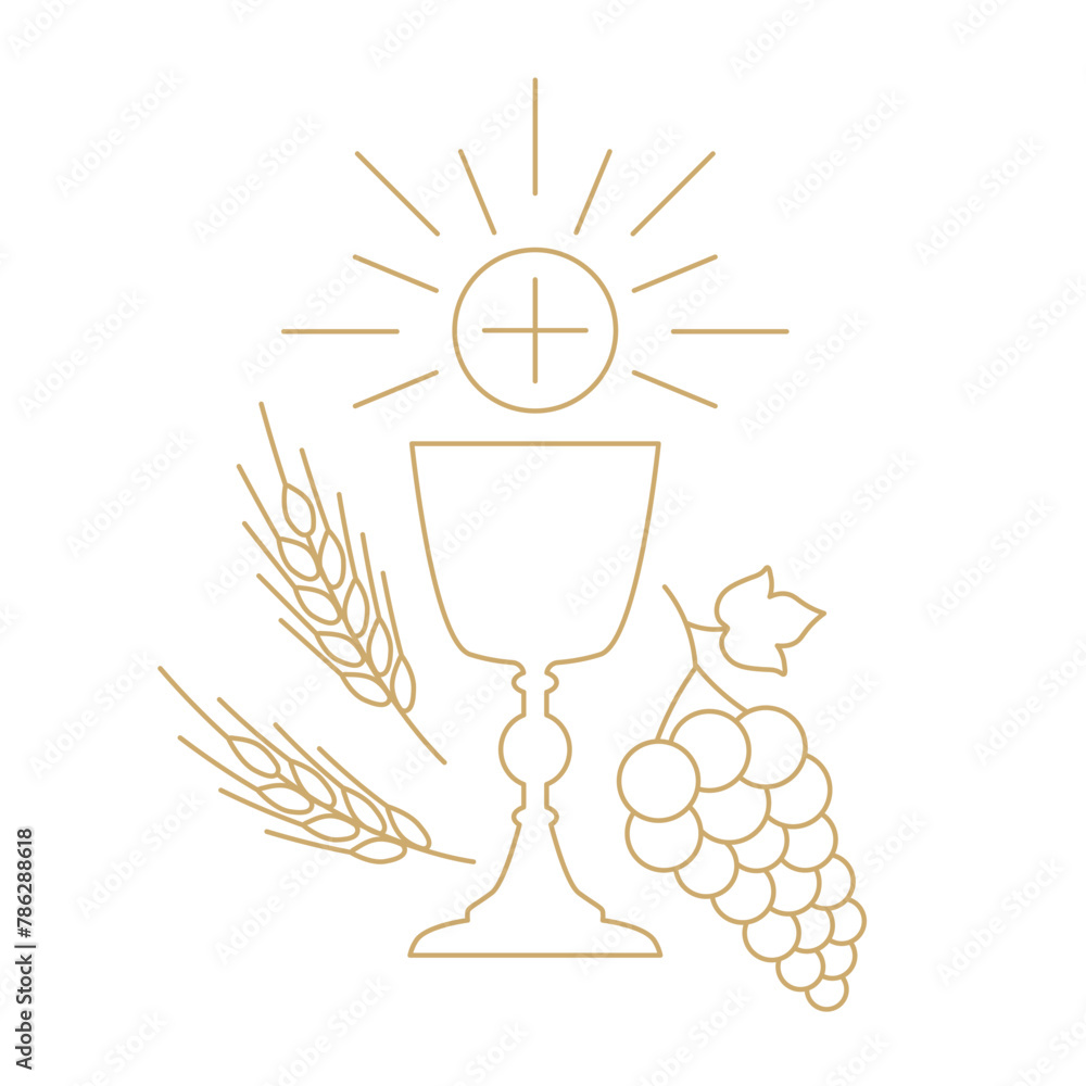 golden holy communion chalice with waffer, grapes and wheat ears ...