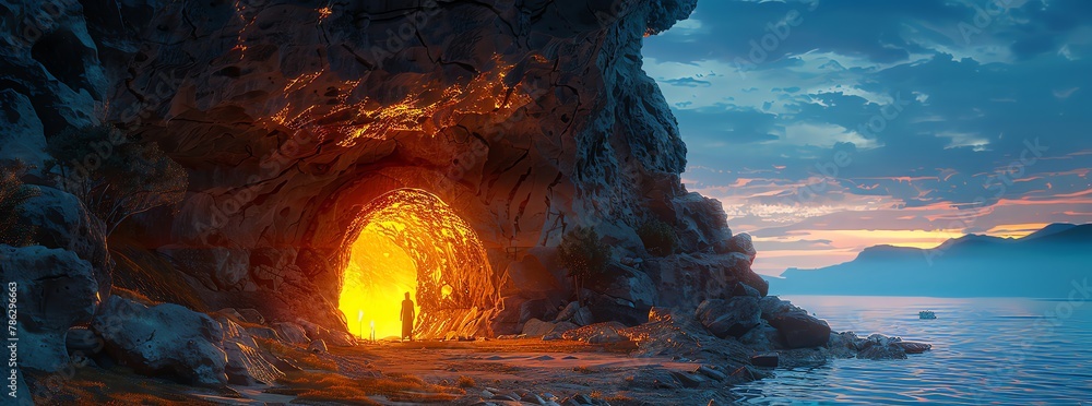 Torch-lit cave entrance, person standing before it, dusk, wide shot ...