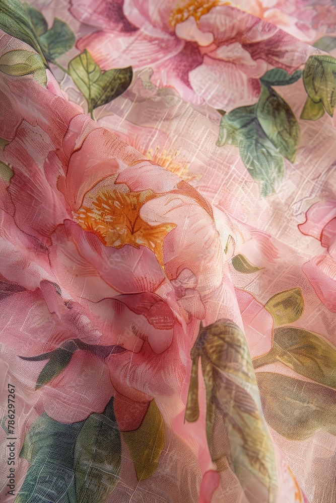 A close-up shot of a sheer fabric featuring a delicate floral pattern ...