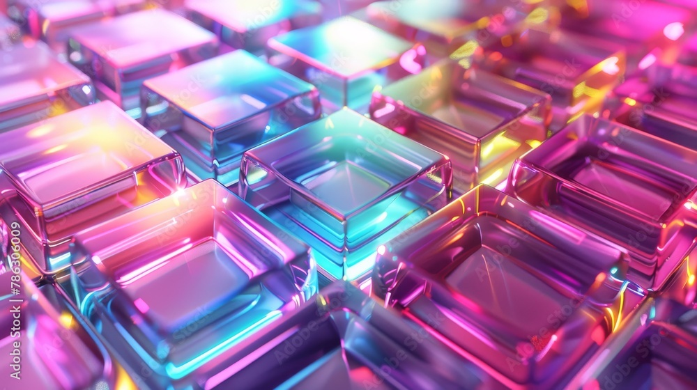 3D background wallpaper with glass squares and bright neon light ...