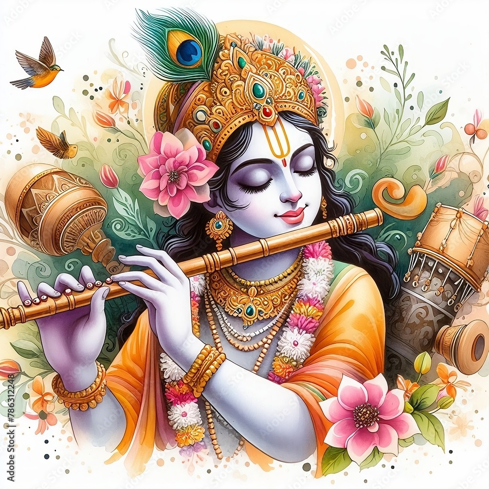 Watercolor illustration for the festival of vishu with a lord krishna ...