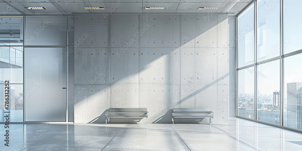 A modern office space with glass walls and white floors, featuring ...