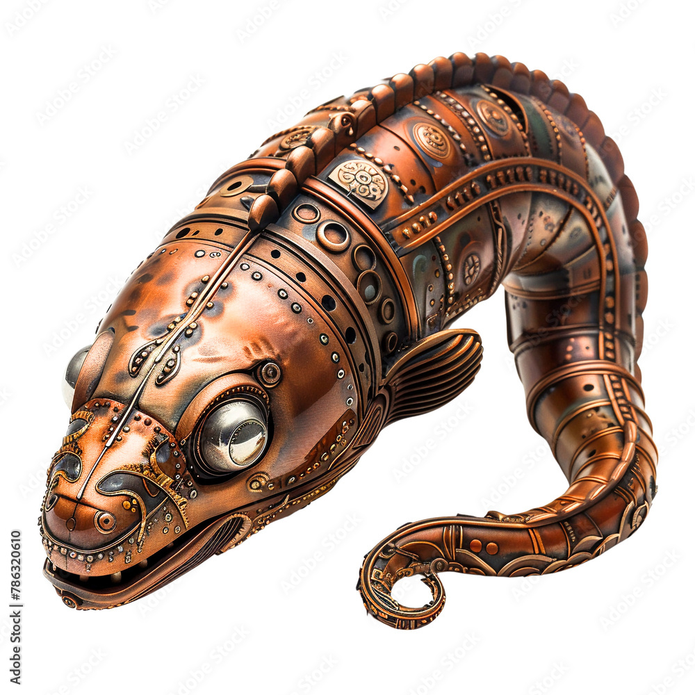 moray eel crafted from polished copper and brass, its jaws equipped ...