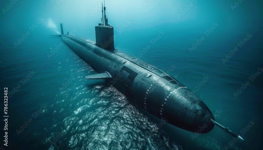 Military nuclear submarine launching torpedo missile in the vast depths ...