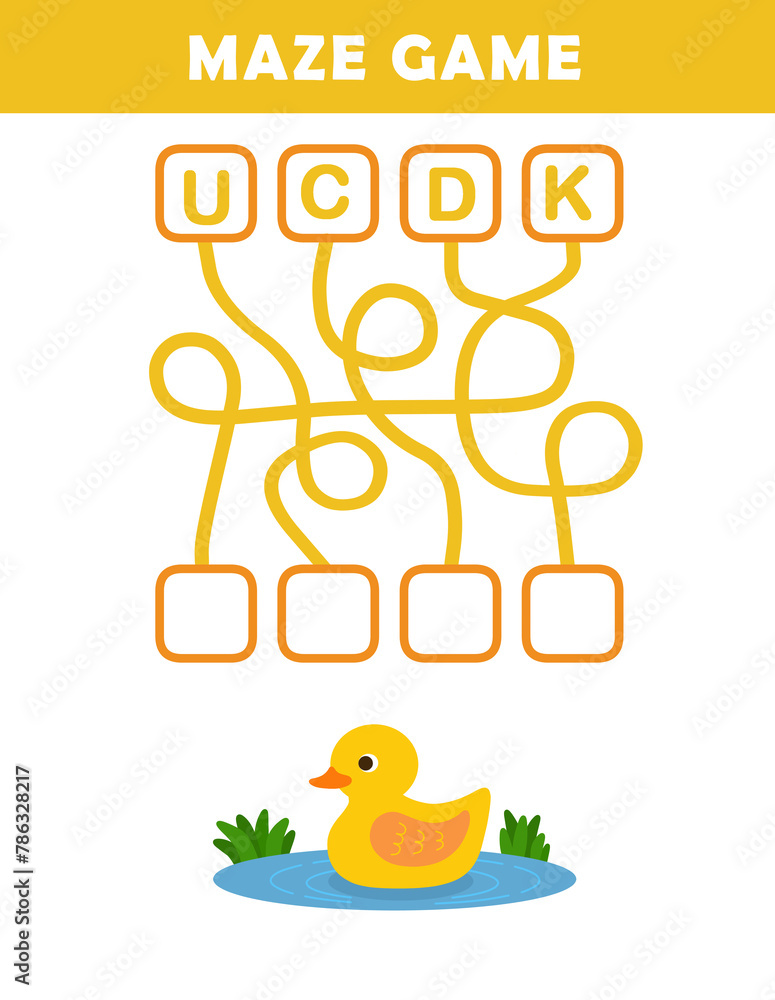 Word maze worksheet for kids with cute duck illustration. Labyrinth ...