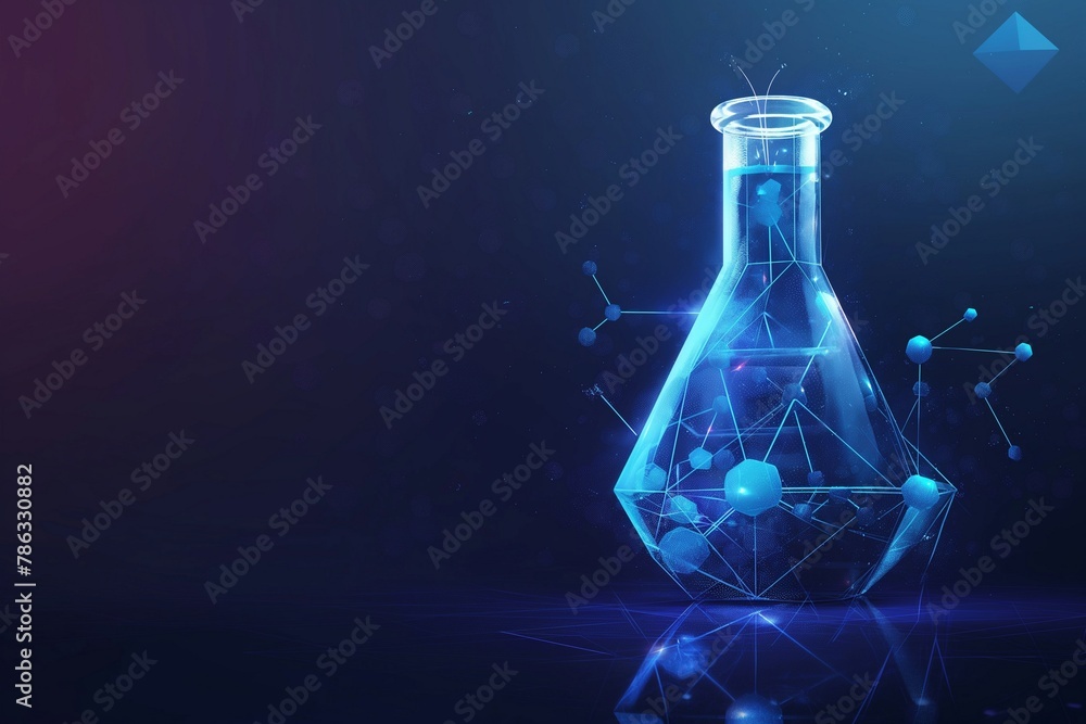 Abstract lab flask with blue liquid and chemistry, blue liquid ...
