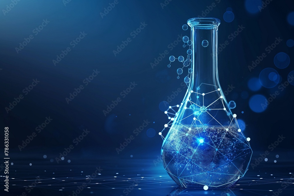 Abstract lab flask with blue liquid and chemistry, blue liquid ...