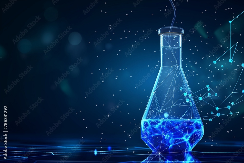 Abstract lab flask with blue liquid and chemistry, blue liquid ...