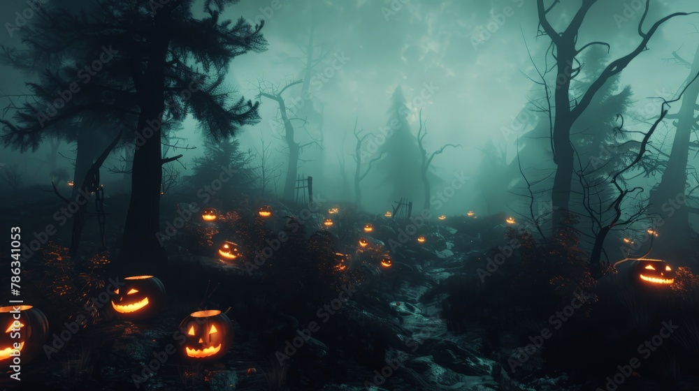 A mysterious fog enveloping a spooky forest, with the silhouettes of ...