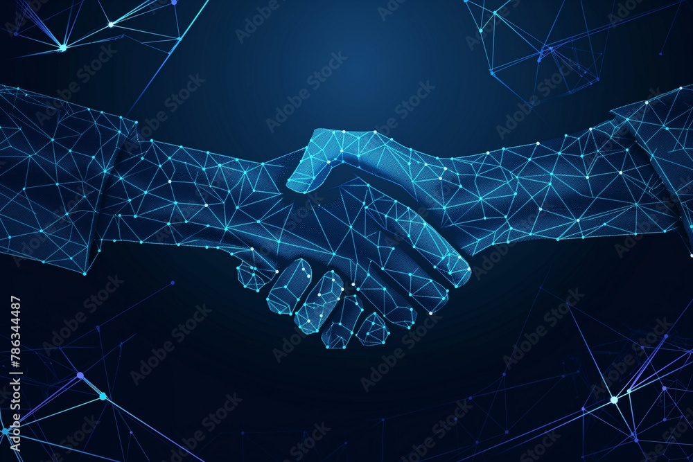 Digital handshake on blue technology background, business background ...