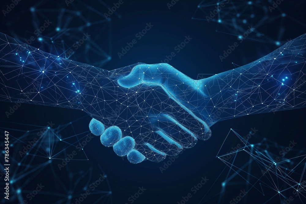 Digital handshake on blue technology background, business background ...