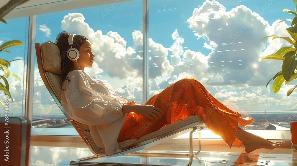 A photorealistic 3D cartoon of a tourist reclining in a lounge chair in ...